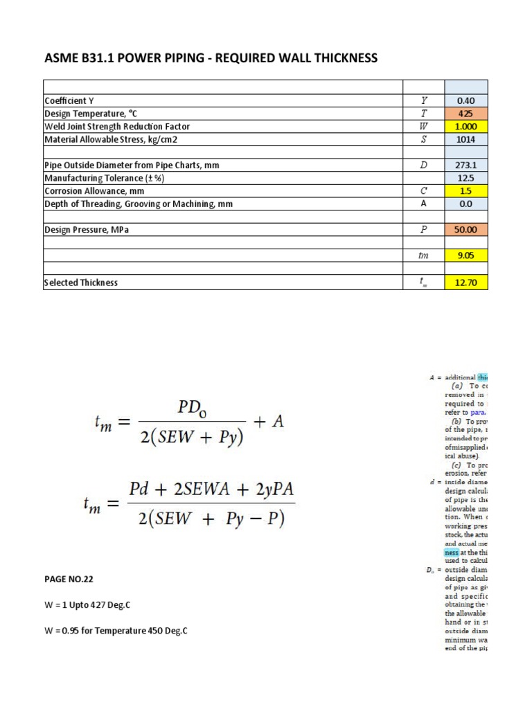 Asme B31.1 Power Piping - Required Wall Thickness: Y T W S D C | PDF