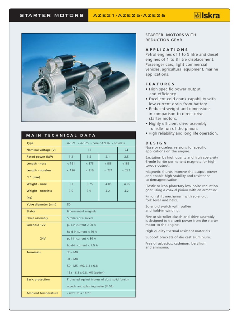 Starter Motors AZE21/AZE25/AZE26 Specs | PDF | Electric Motor | Vehicle ...