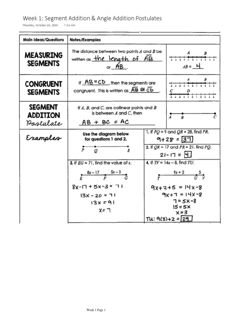 Week 1: Segment Addition & Angle Addition Postulates: Thursday, October ...