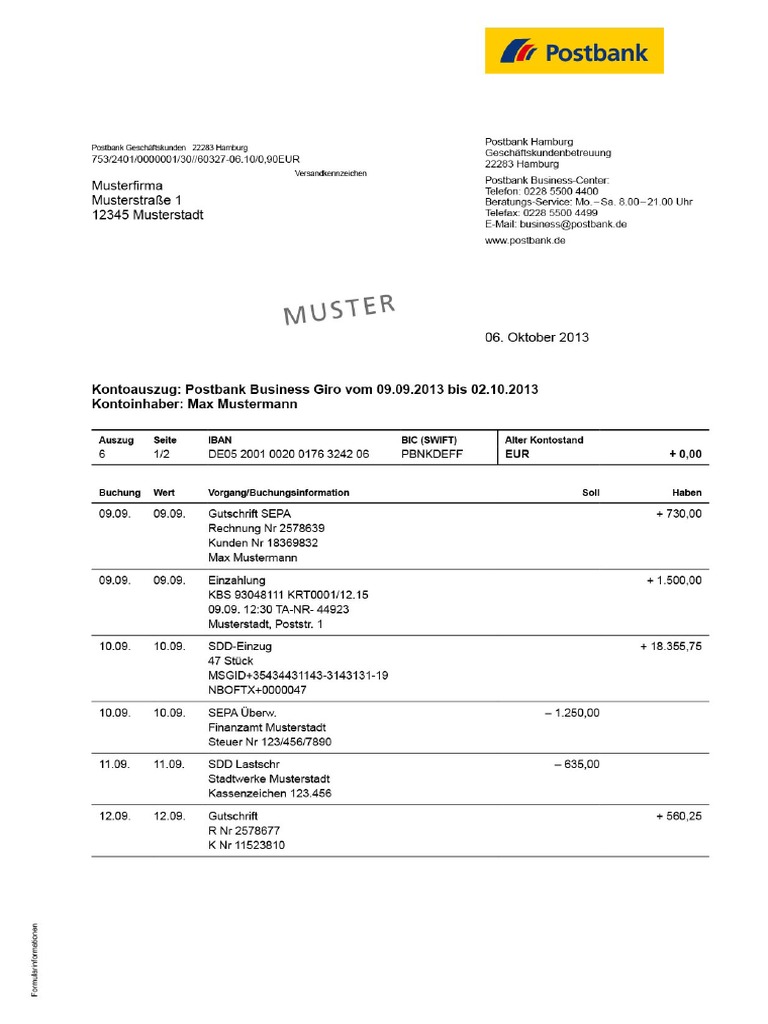 Postbank Kontoauszug Geschaeftskunden DIN A4 | PDF