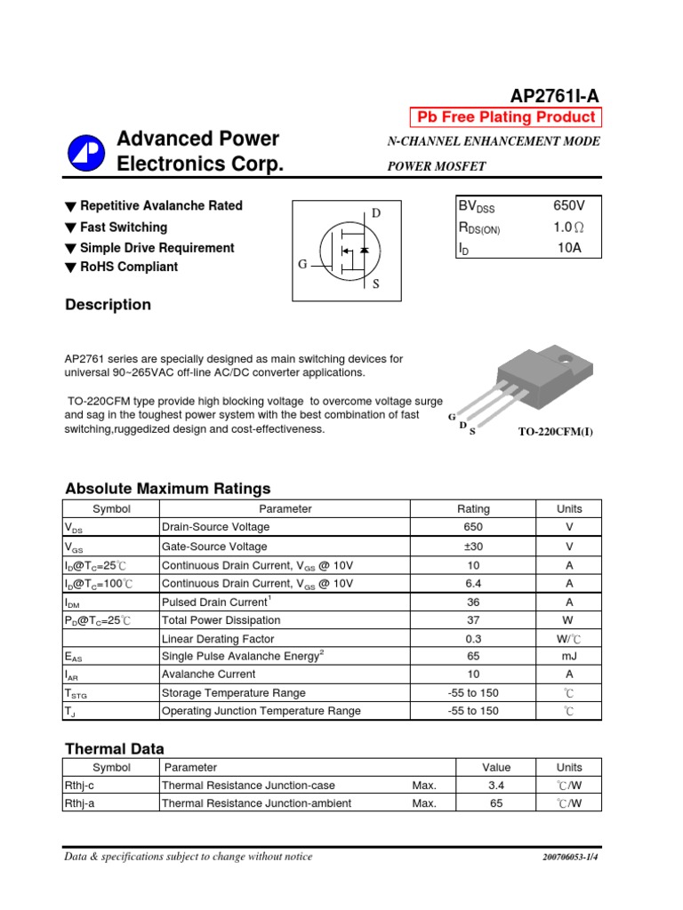 Advanced Power Electronics Corp.: AP2761I-A | PDF | Electrical ...