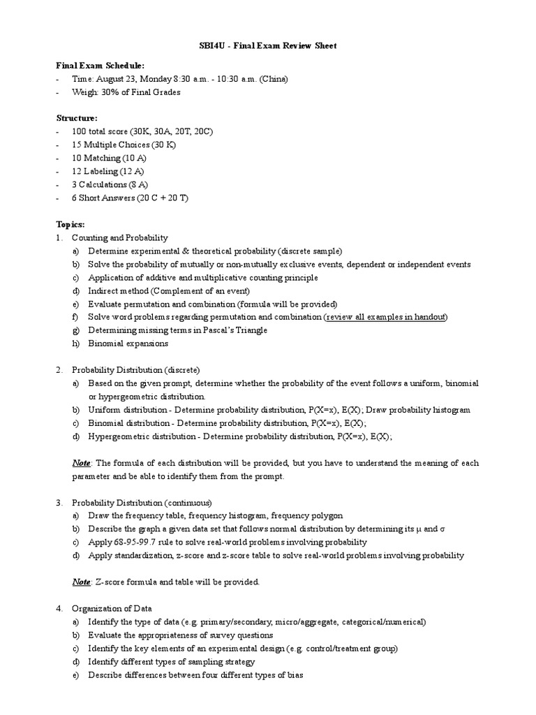 SBI4U - Final Exam Review Sheet | PDF | Probability Distribution ...