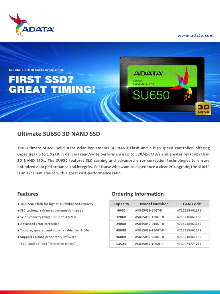 Datasheet - Ultimate SU650 - EN - 20200102 | PDF | Solid State Drive | Flash Memory