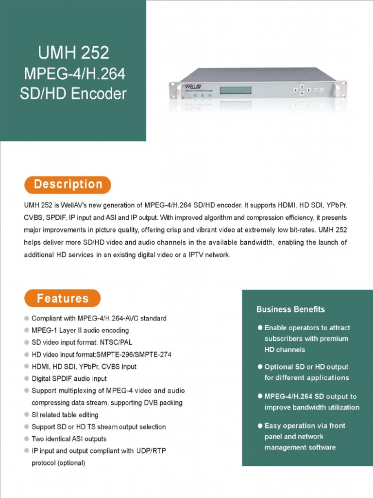 Wellav UMH 252 MPEG-4 - H 264 SD HD Encoder | PDF