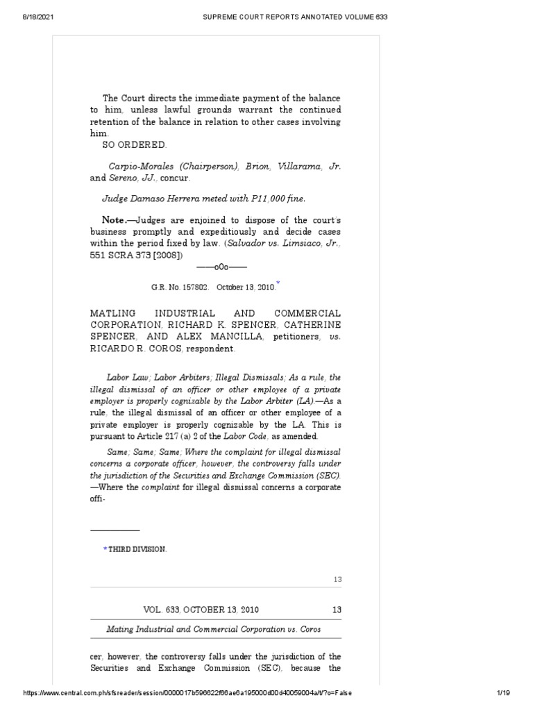 Matling Industrial v. Coros, October 13, 2010 | PDF | Jurisdiction ...