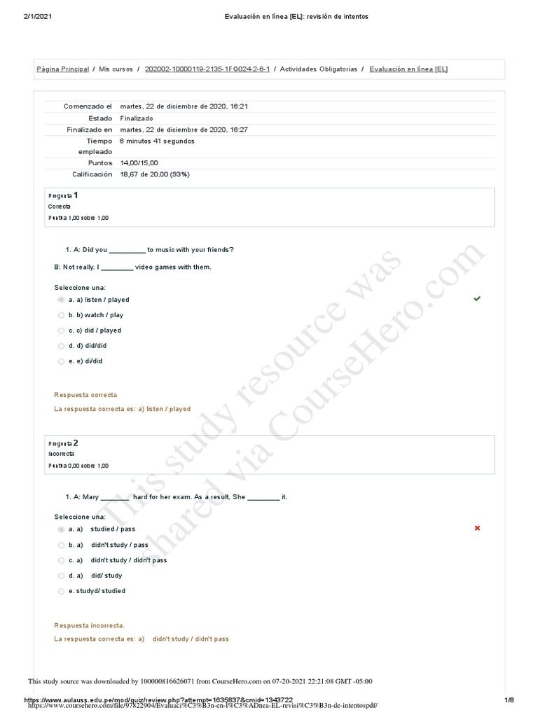 Evaluaci N en L Nea EL Revisi N de Intentos PDF | PDF