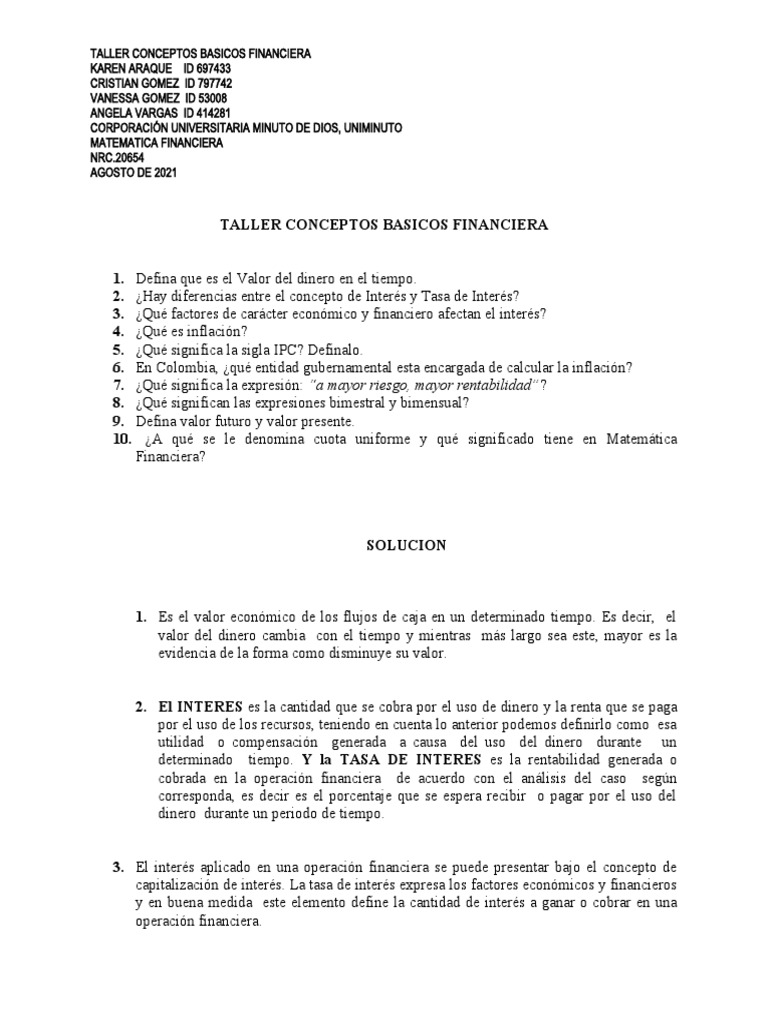 Taller - Conceptos Basicos - Financiera - Conp NRC 512-20654 | PDF | Interés | Inflación