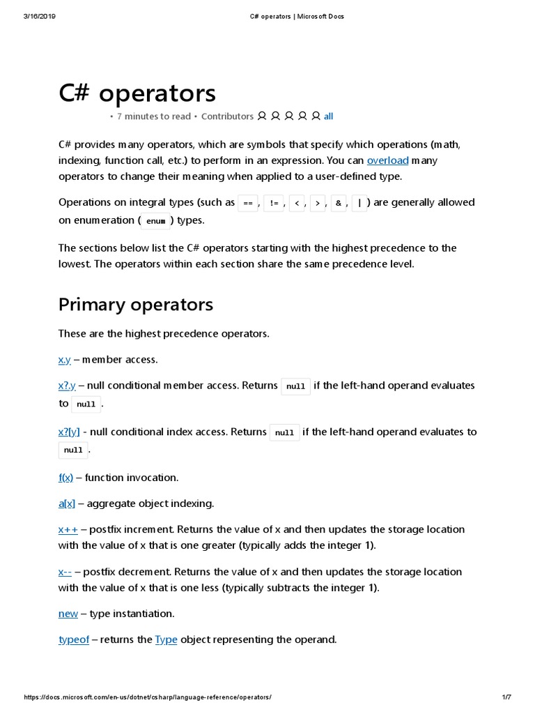 C# Operators - Microsoft Docs | PDF | C Sharp (Programming Language ...