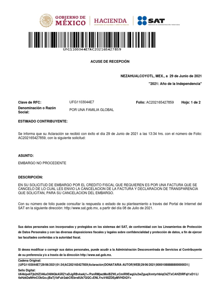 Ufg Aclaracion Embargo Sat | PDF | Tecnologías de la información | Gobierno