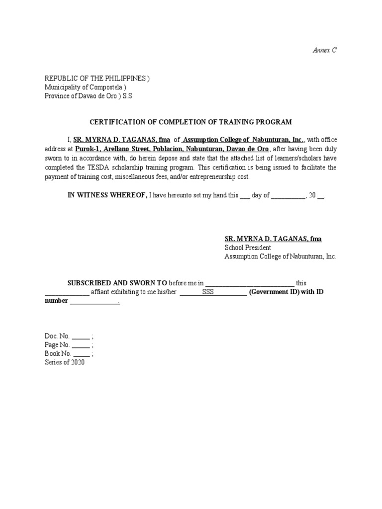 Certification of Completion of Training Program: Annex C | PDF | Career ...