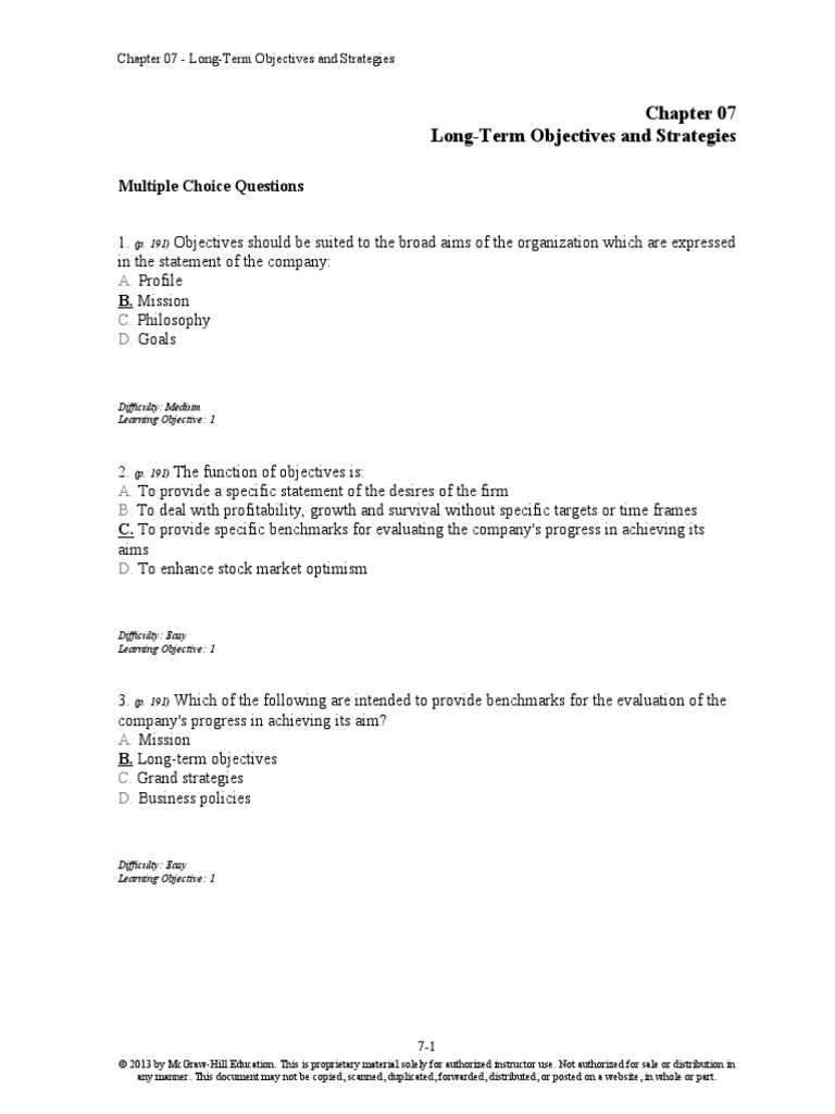 Multiple Choice Questions: Long-Term Objectives and Strategies | PDF ...