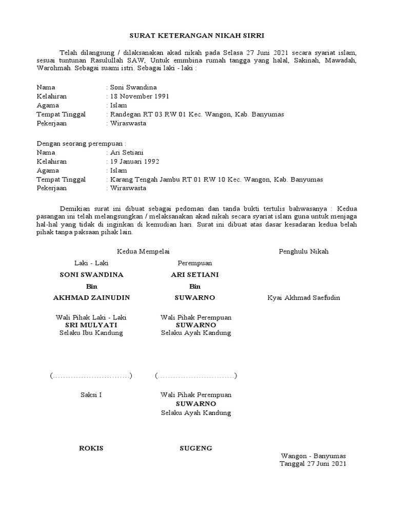 Surat Keterangan Nikah Sirri | PDF