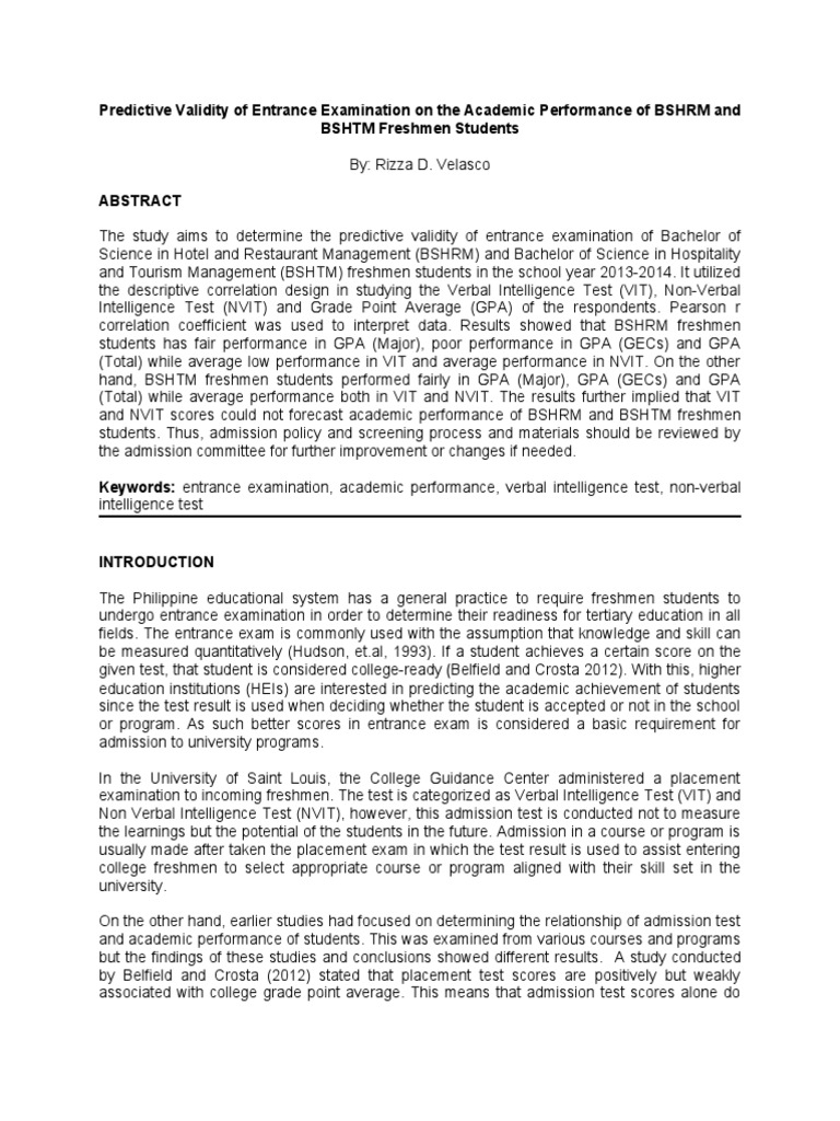 Predictive Validity Of Entrance Examination On The Academic Performance