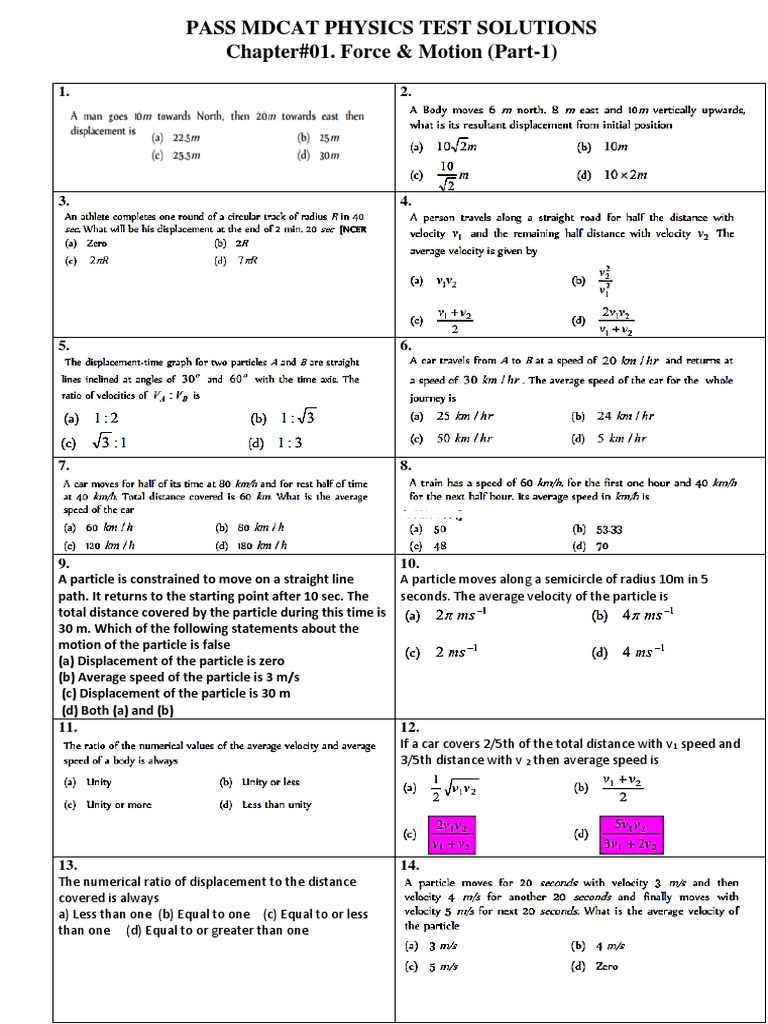 MDCAT Physics: Force & Motion MCQs | PDF | Acceleration | Velocity
