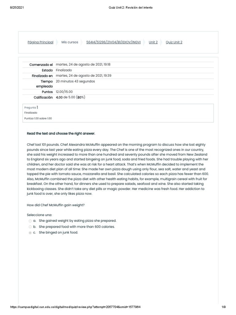Quiz Unit 2 - Revisión Del Intento Nelson | PDF | Foods | Junk Food
