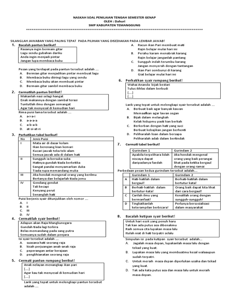 Naskah Soal PTS Genap Kelas 7 K13 | PDF