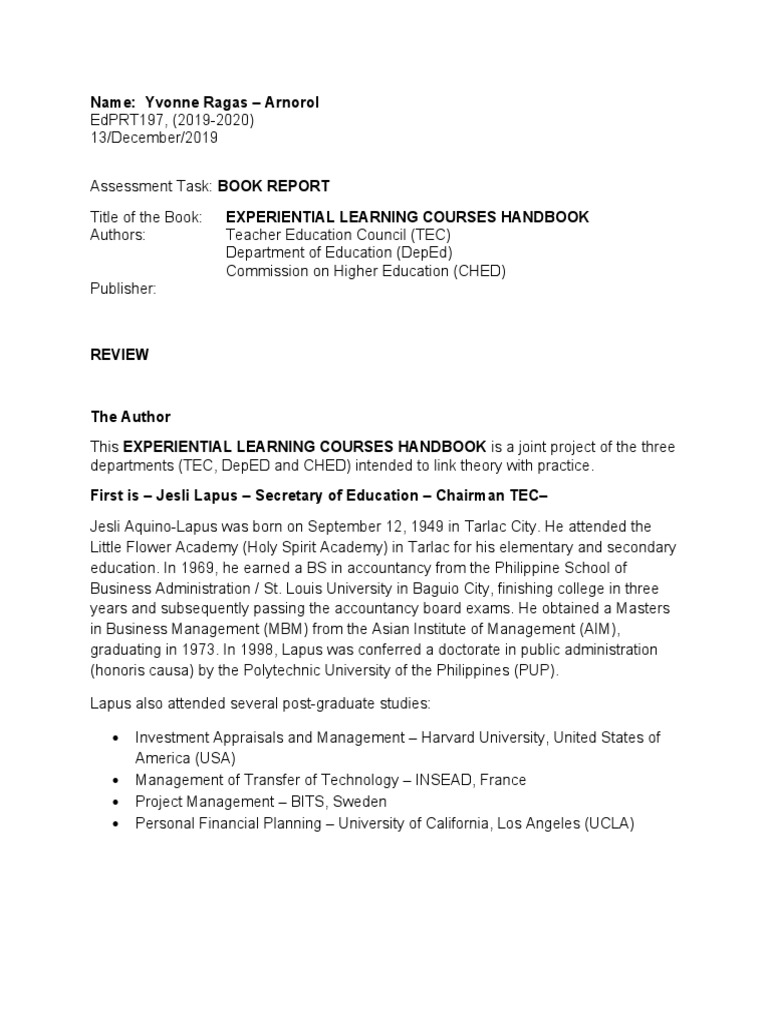 Book Report - Experiential Learning | PDF | Learning | Teachers