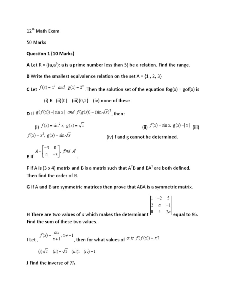 12th Grade Maths Exam Paper (50 Marks) | PDF | Determinant | Matrix ...