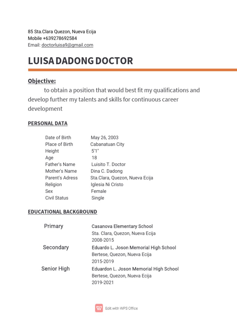 Resume of Luisa Dadong Doctor | PDF