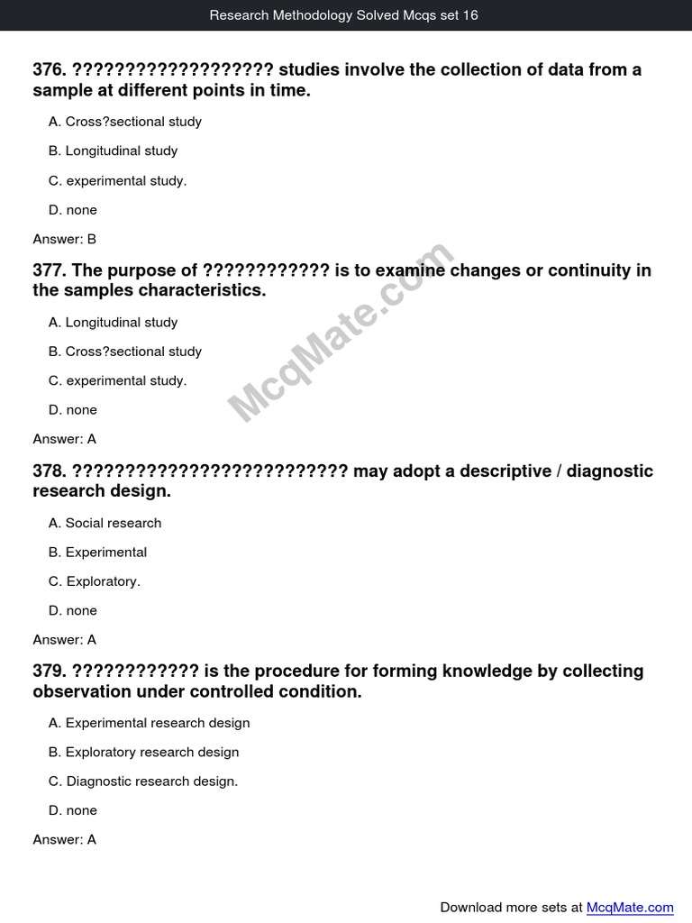 Research Methodology Solved Mcqs Set 16 | PDF | Sampling (Statistics ...