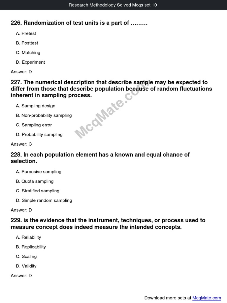 Research Methodology MCQs with Answers | PDF | Sampling (Statistics ...