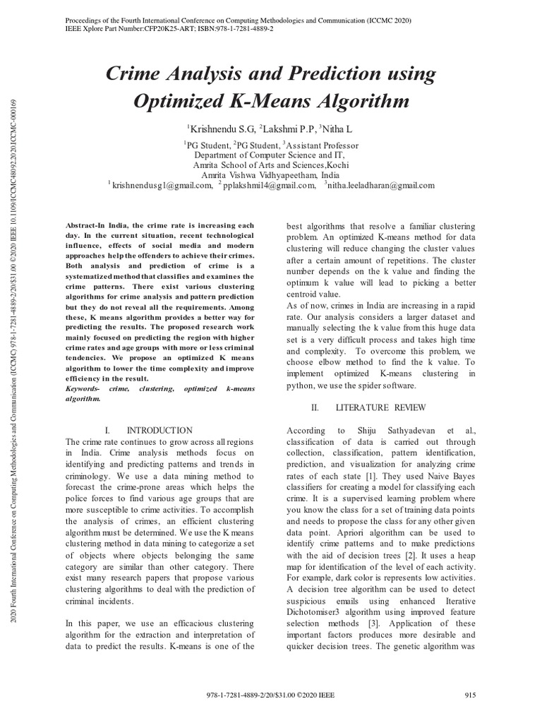 Crime Analysis and Prediction Using Optimized K-Means Algorithm | PDF | Cluster Analysis ...