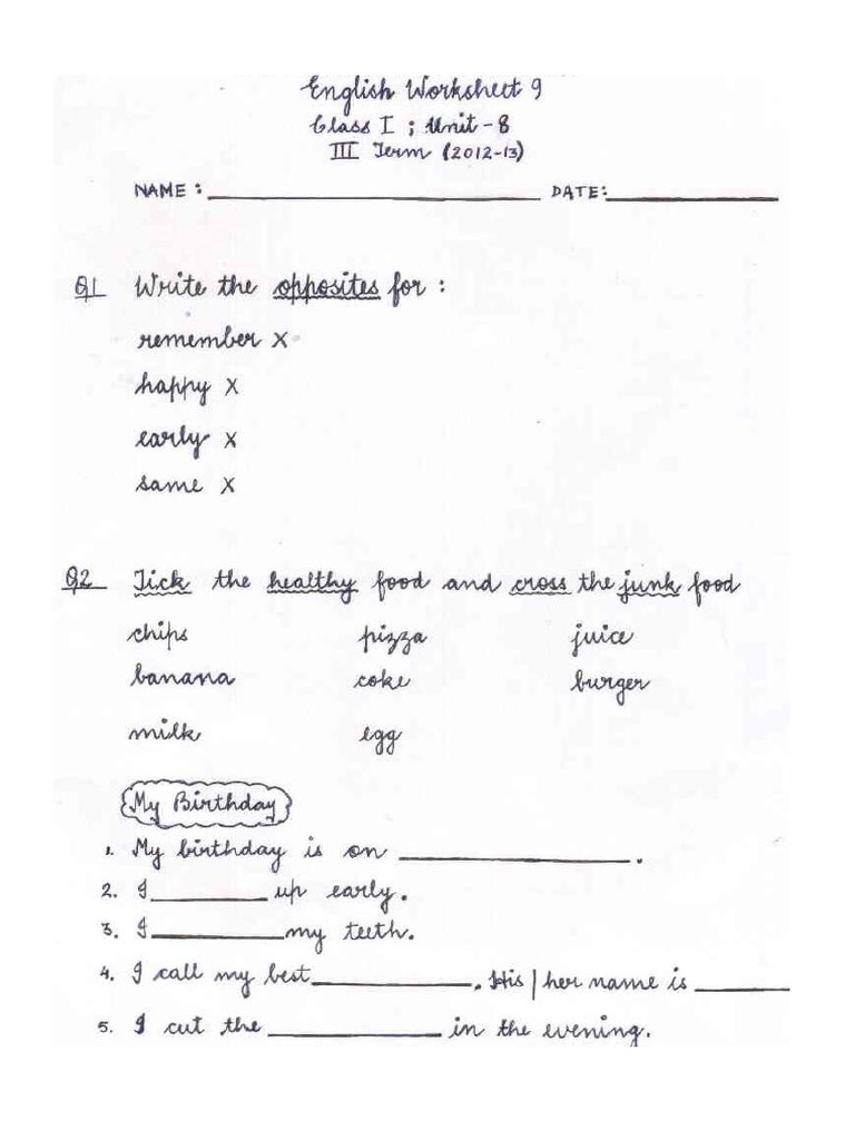 CBSE Class 1 English Worksheet | PDF