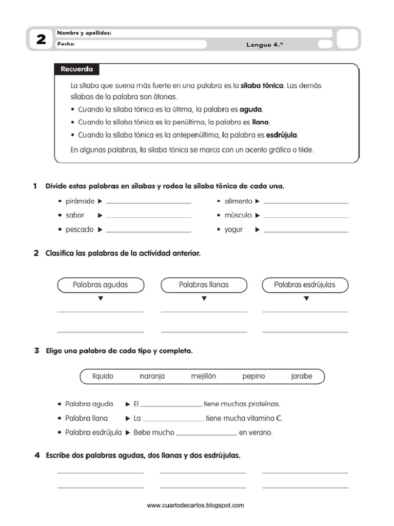 Hoja de Trabajo Sílabas | PDF
