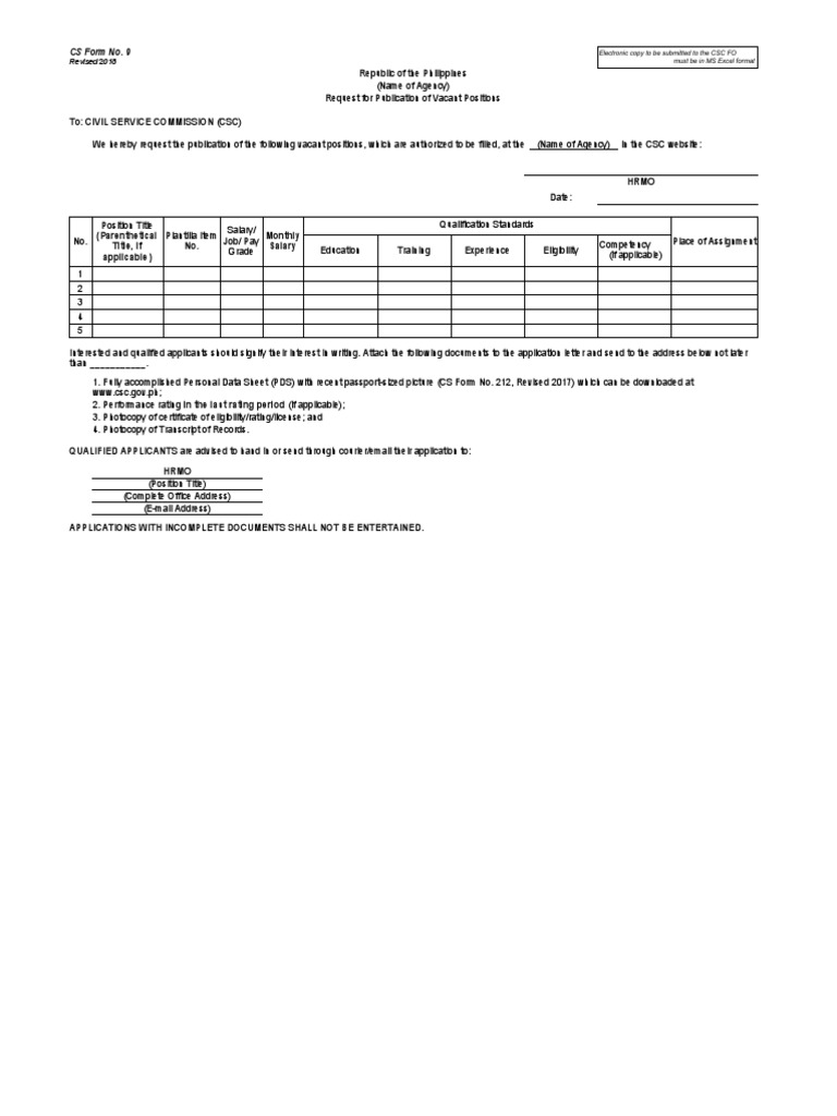 Cs Form No. 9 Series of 2018 Request For Publication of Vacant ...