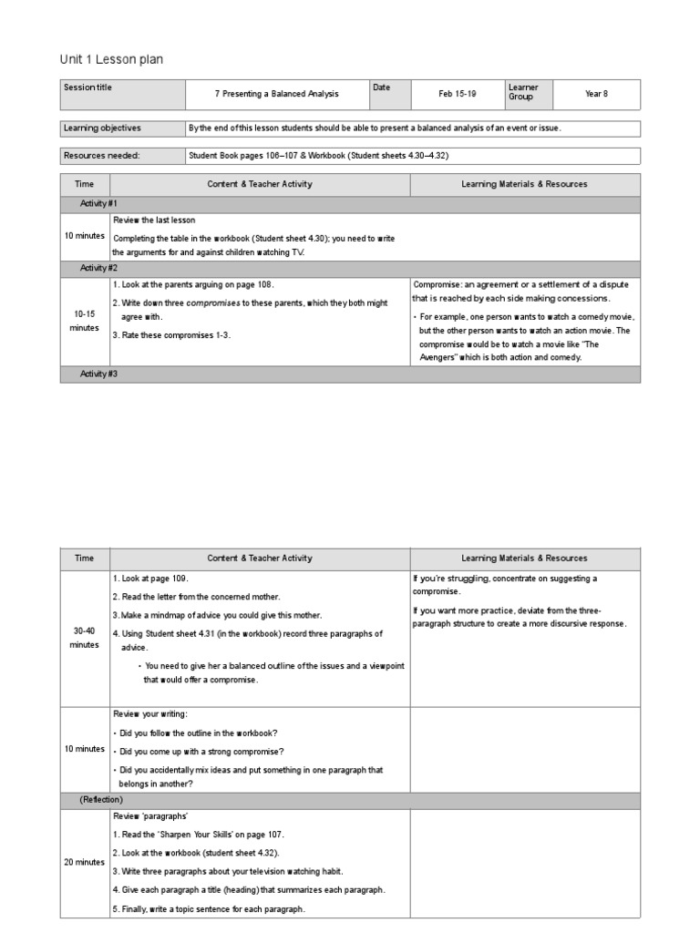 Balanced Analysis Lesson Plan Year 8 | PDF | Learning | Paragraph