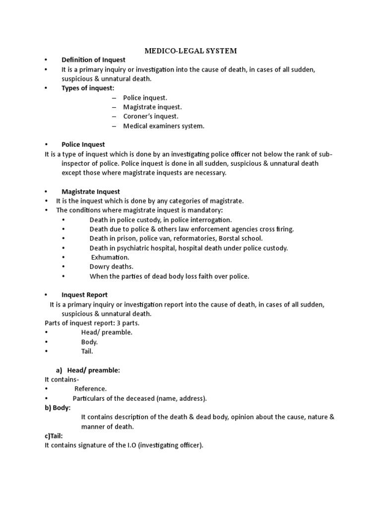 Medico-Legal System - Definition of Inquest - Types of Inquest | PDF ...
