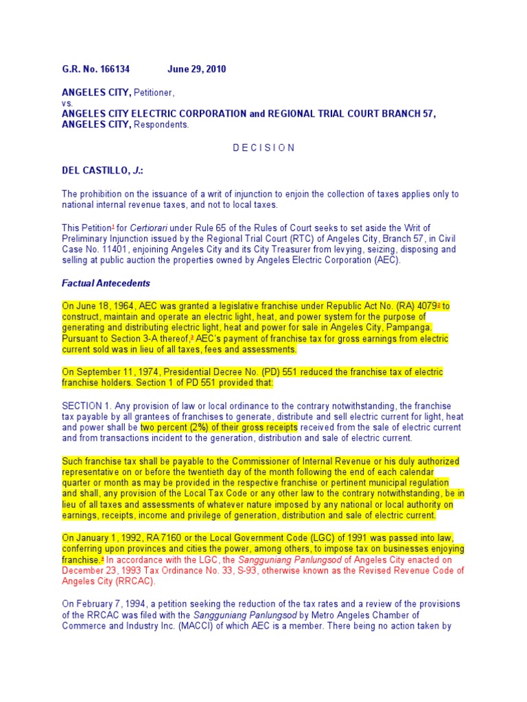 AEC vs. Angeles City Tax Collection Case | PDF | Injunction | Taxes