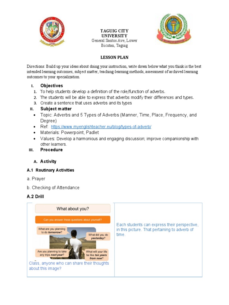 Lesson Plan on Adverbs and Their Types | PDF | Adverb | Verb