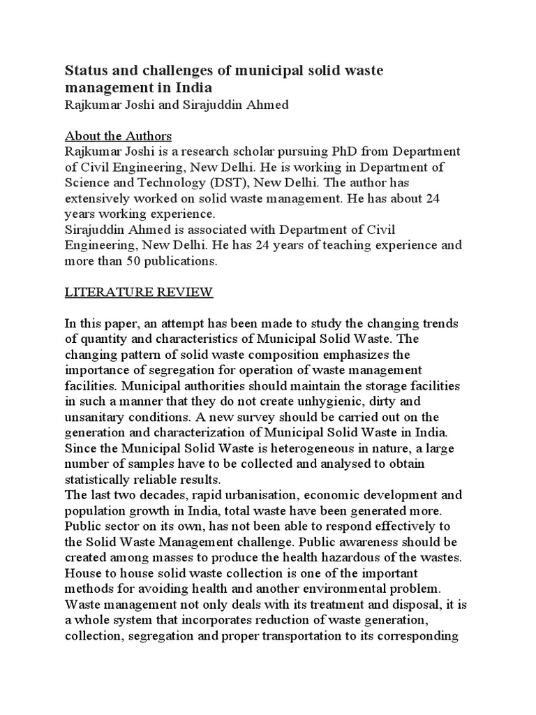 Status and Challenges of Municipal Solid Waste Management in India ...