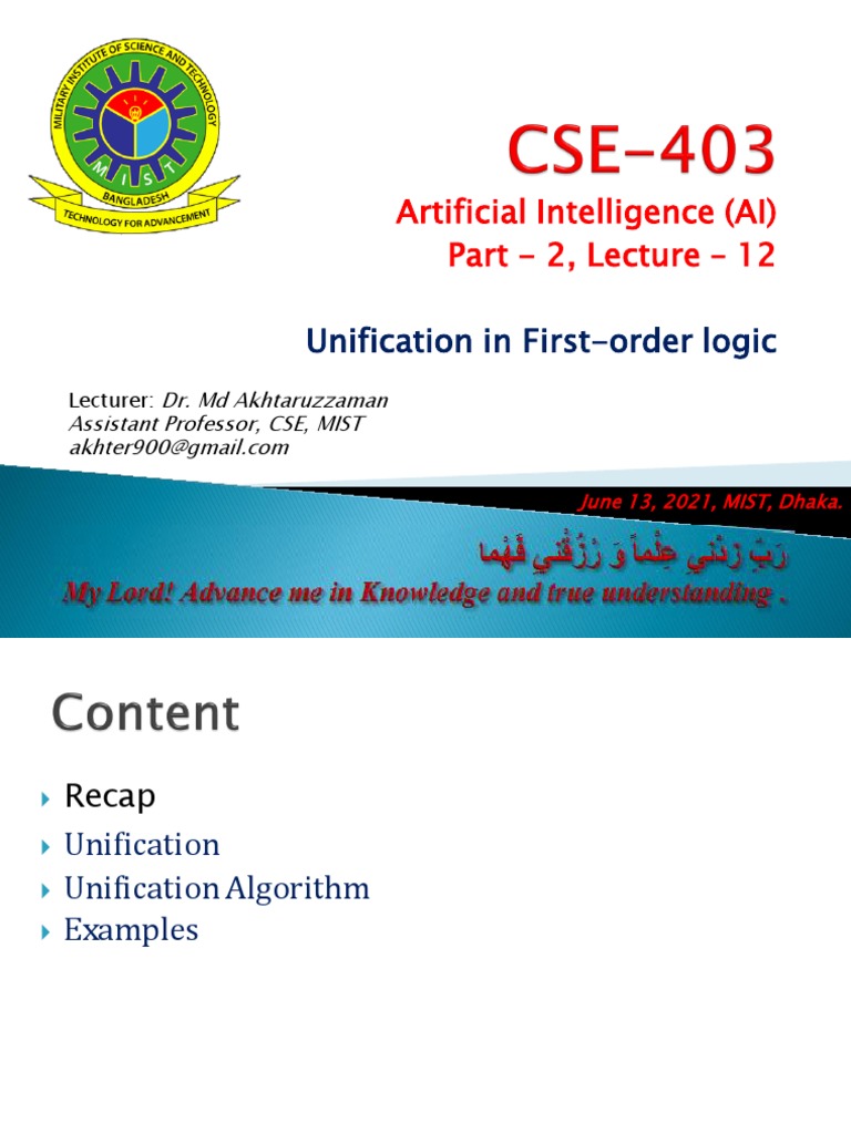 Artificial Intelligence (AI) Part - 2, Lecture - 12: Unification in ...