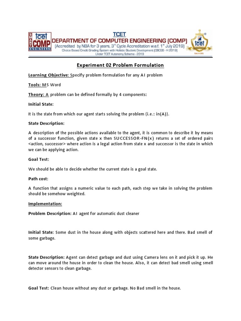 Experiment 02 Problem Formulation | PDF | Artificial Intelligence ...