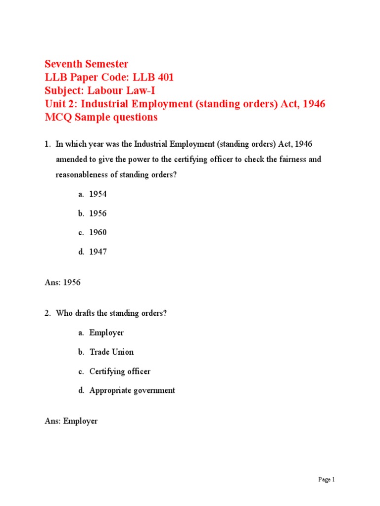 Uni2 MCQ Labor Law | PDF | Employment | Labour Law
