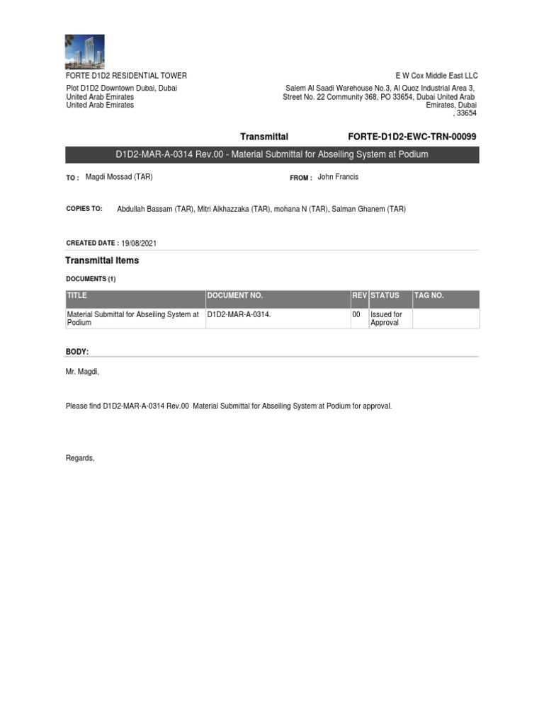 Transmittal FORTE-D1D2-EWC-TRN-00099: D1D2-MAR-A-0314 Rev.00 - Material ...