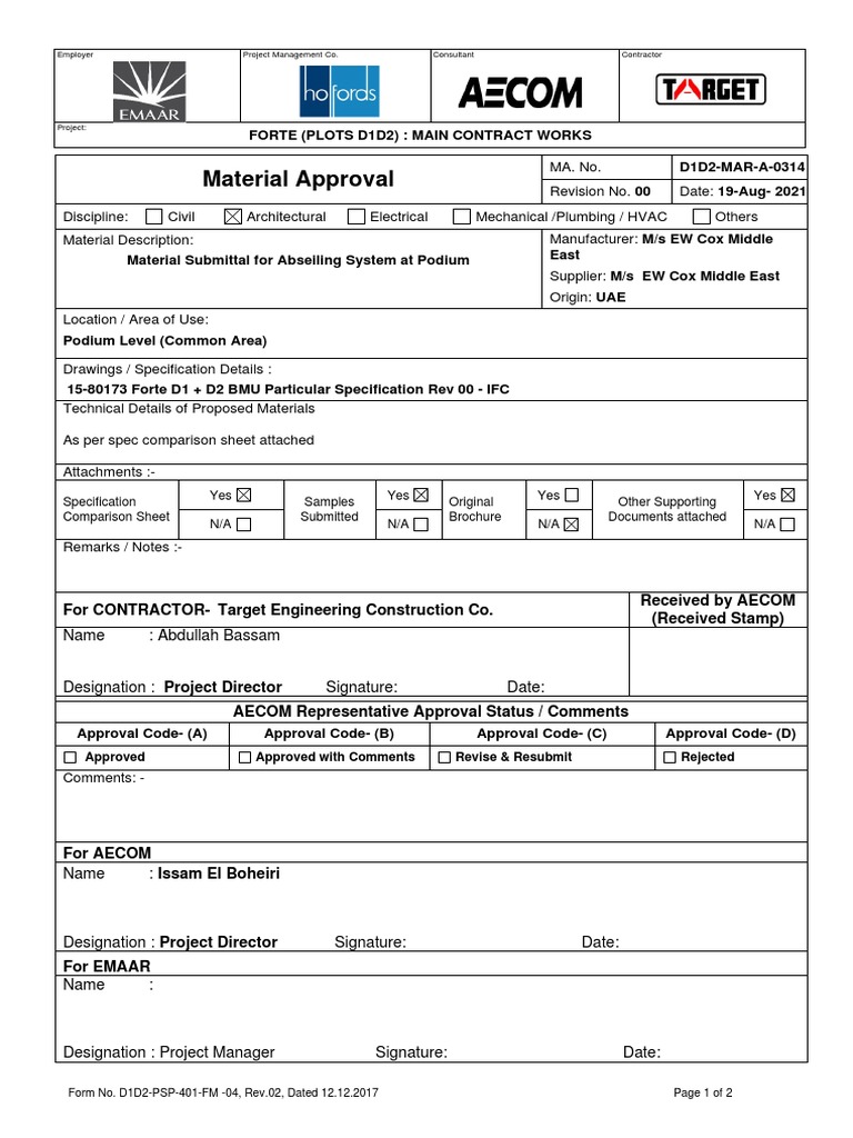 Material Approval: For CONTRACTOR-Target Engineering Construction Co ...