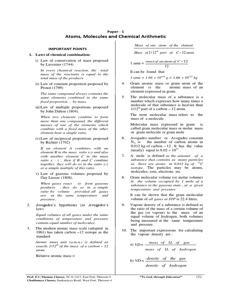 Atoms, Molecules and Chemical Arithmetic: Paper - 1 | Download Free PDF ...