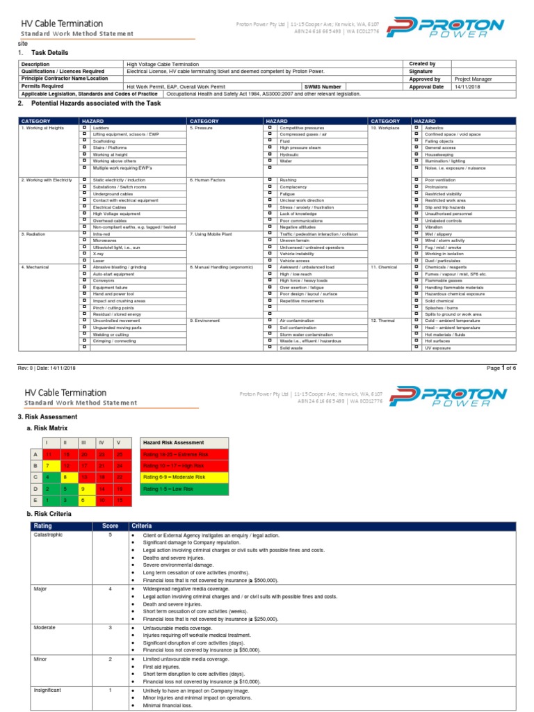 HV Cable Termination: Standard Work Method Statement | PDF | Personal ...