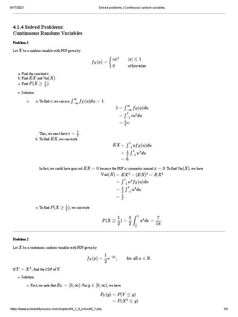Solved Problems - Continuous Random Variables | PDF | Probability Density Function | Applied ...