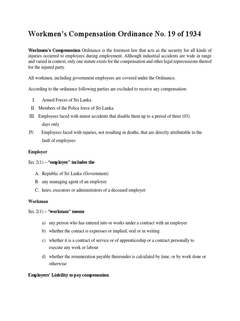 Workmen's Compensation Ordinance No. 19 of 1934 | PDF | Employment ...