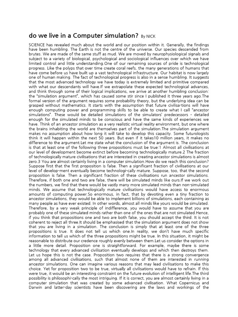 Living in Computer Simulations | PDF | Simulation | Argument