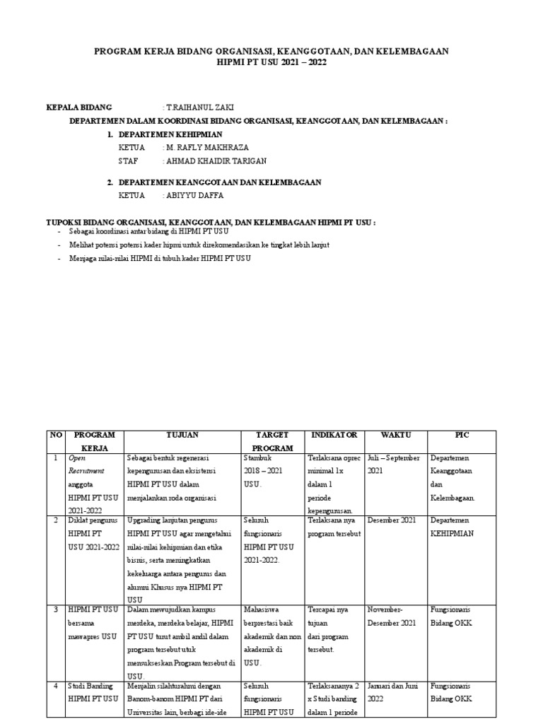 Program Kerja Bidang Organisasi | PDF