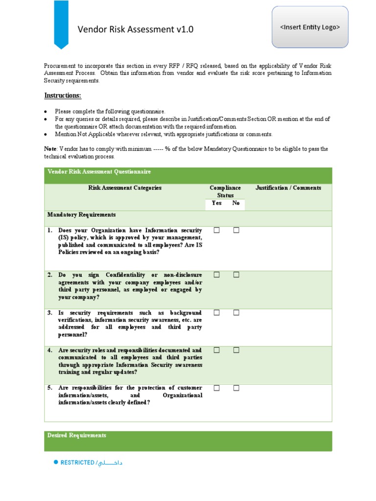 VENDOR Risk Assessment Questionnaire | PDF | Information Security ...