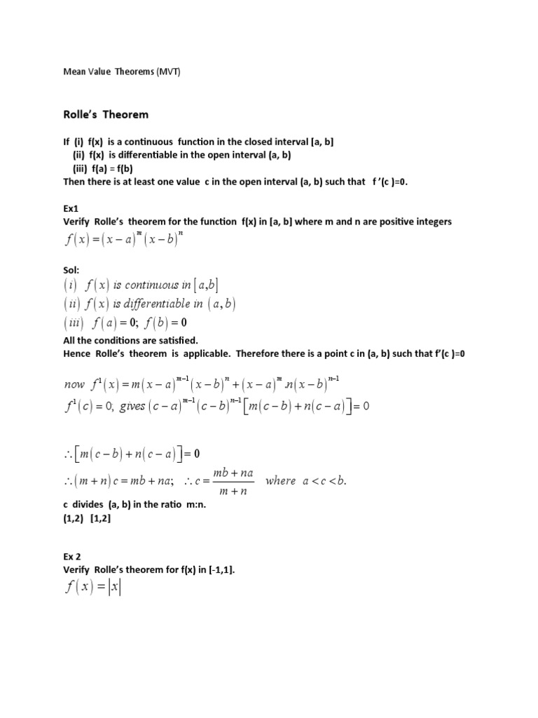 Btech Sem I Mean Valu Thm Pdf Function Mathematics Continuous Function