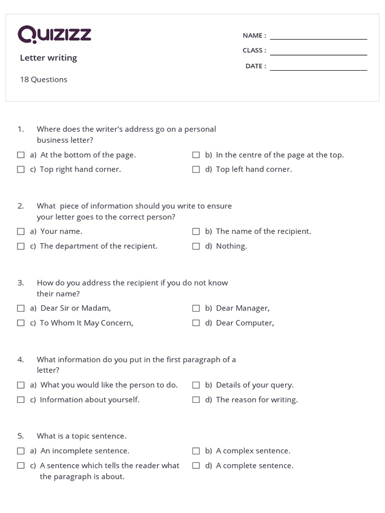 Letter Writing - Print - Quizizz2 | PDF | Paragraph | Written Communication