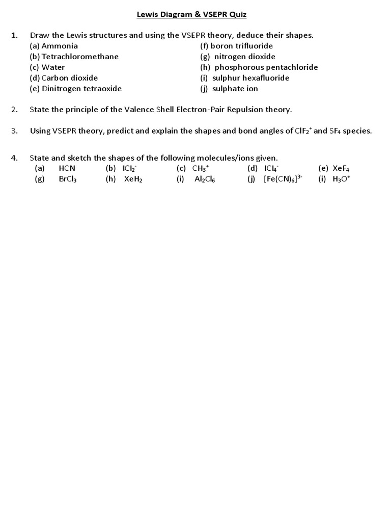 Lewis Structures and VSEPR Quiz | PDF