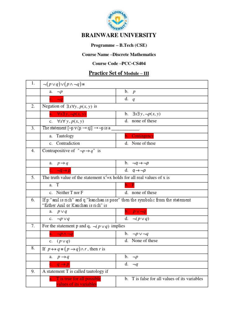 Discrete Math Practice Set Module III | PDF | Syntax (Logic) | Logical Expressions